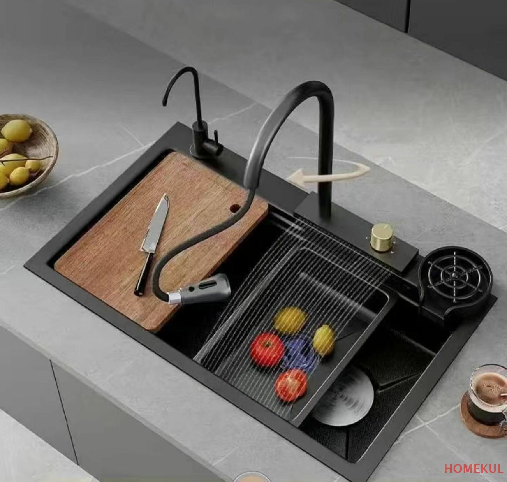Bстроенная многофункциональная кухонная раковина,750*450, Водопадный кран, дозатор мыла, мойка для чашек, чистый кран/ Автоматический регулятор дренажа HOMEKUL