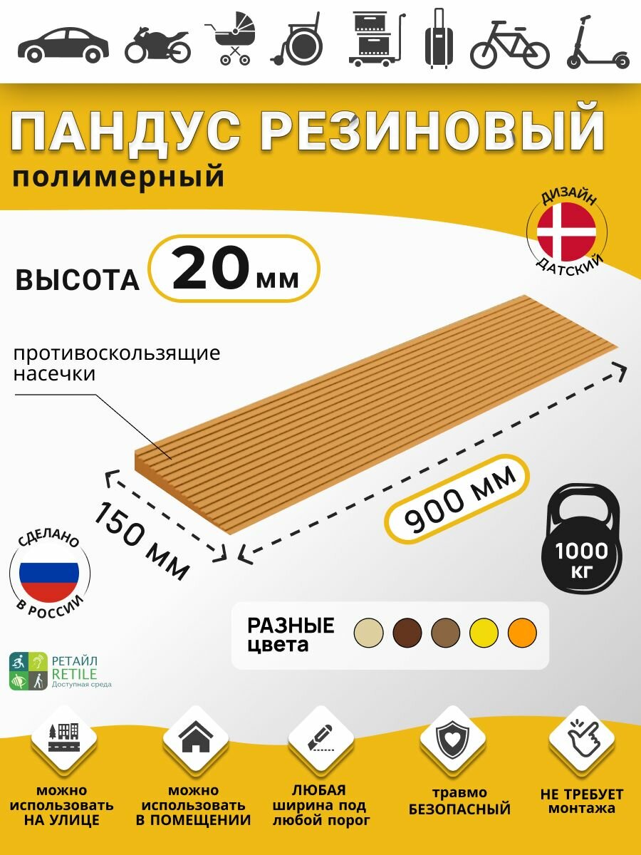 Пандус резиновый рубеж для порогов высотой 2 см (20х900х150 мм), светло-коричневый, для колясок, склада и автомобилейй