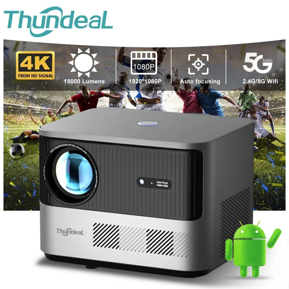 ThundeaL Проектор TDA6 Android-проектор Full HD 1080P 2K 4K Видео для домашнего кинотеатра с автофокусом 5G WiFi Портативный 3D-проектор, 1LCD, светло-серый