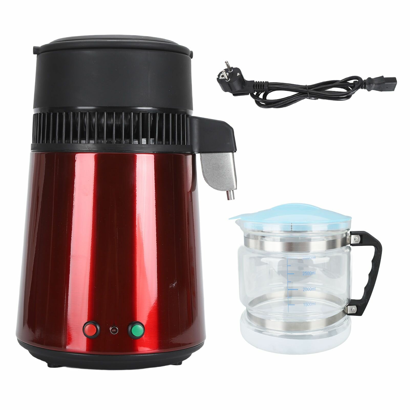 Бордовый автоматический дистиллятор с синей крышкой и стеклянной бутылкой