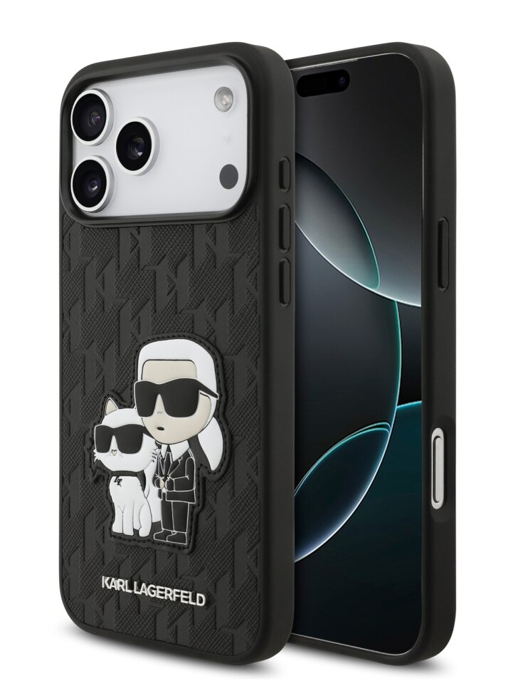Karl Lagerfeld чехол для iPhone 17 Pro, PU кожа Saffiano Monogram, NFT Karl & Choupette, черный