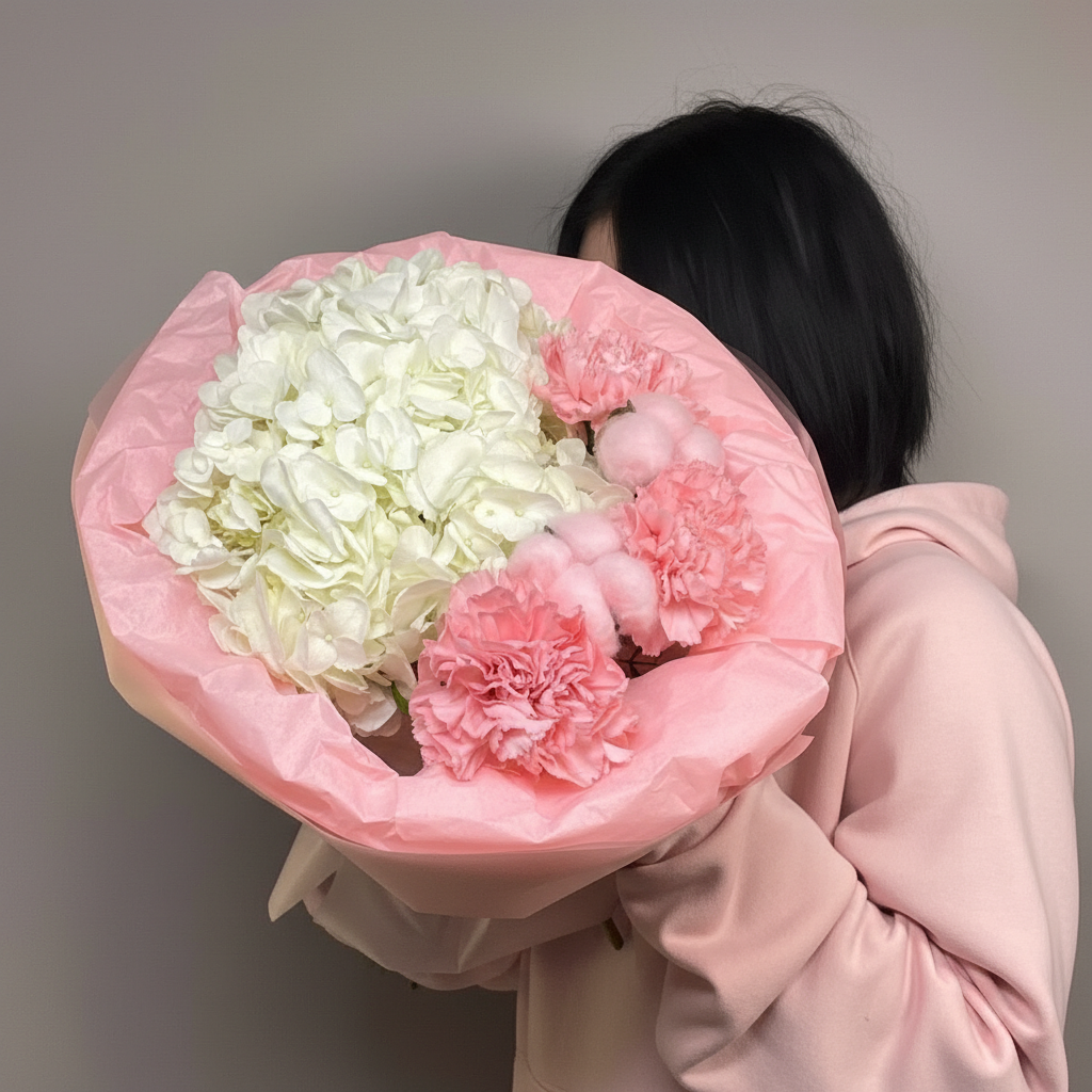 Букет Vikey Flowers "Комплимент", гортензии, гвоздики, хлопок, сборный