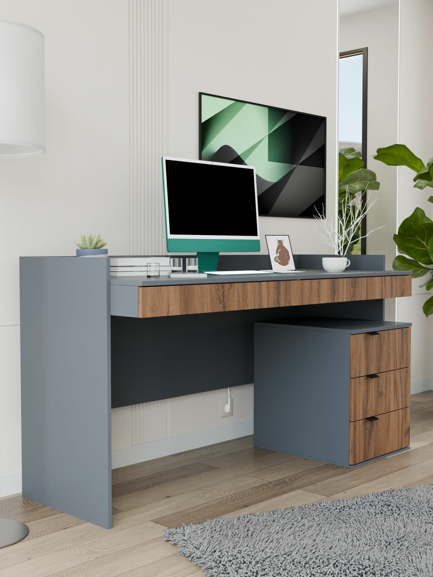 Изумлит Стол компьютерный для офиса и дома Бастион 160х87х64.5 см, корпус+столешница графит/фасад дуб крафт табачный