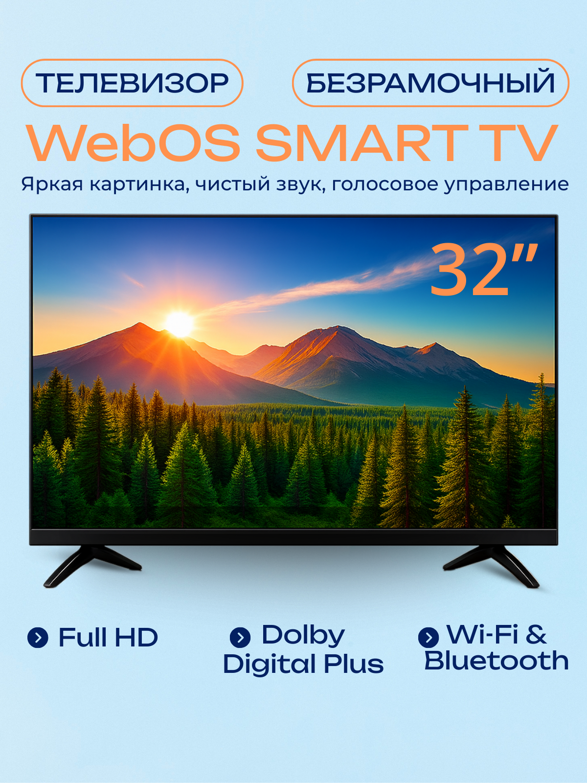 Телевизор Smart TV Full HD 4k 32 дюйма, пульт-аэромышь с голосовым управлением, WebOS, черный