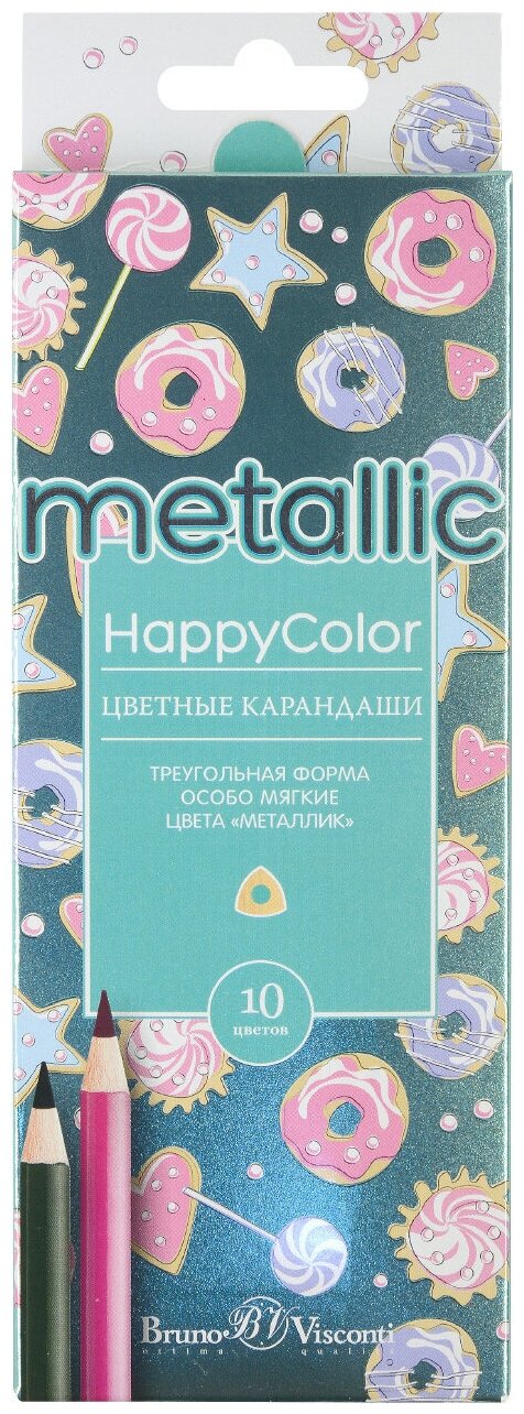 Карандаши цветные 10 цветов BrunoVisconti HAPPYCOLOR трехгранные, Пончики