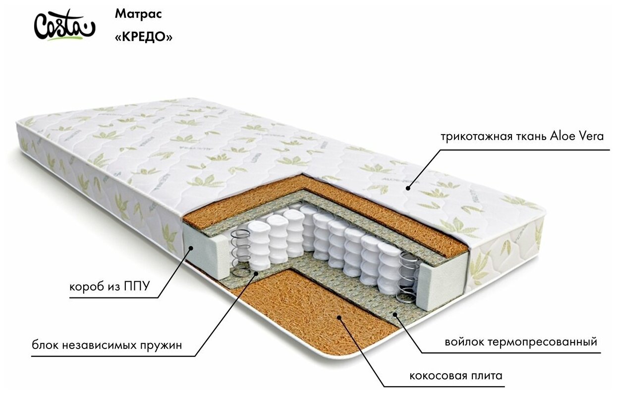 Анатомический матрас Кредо, жесткий, независимые пружинные блоки, 100х18х190 см, Costa