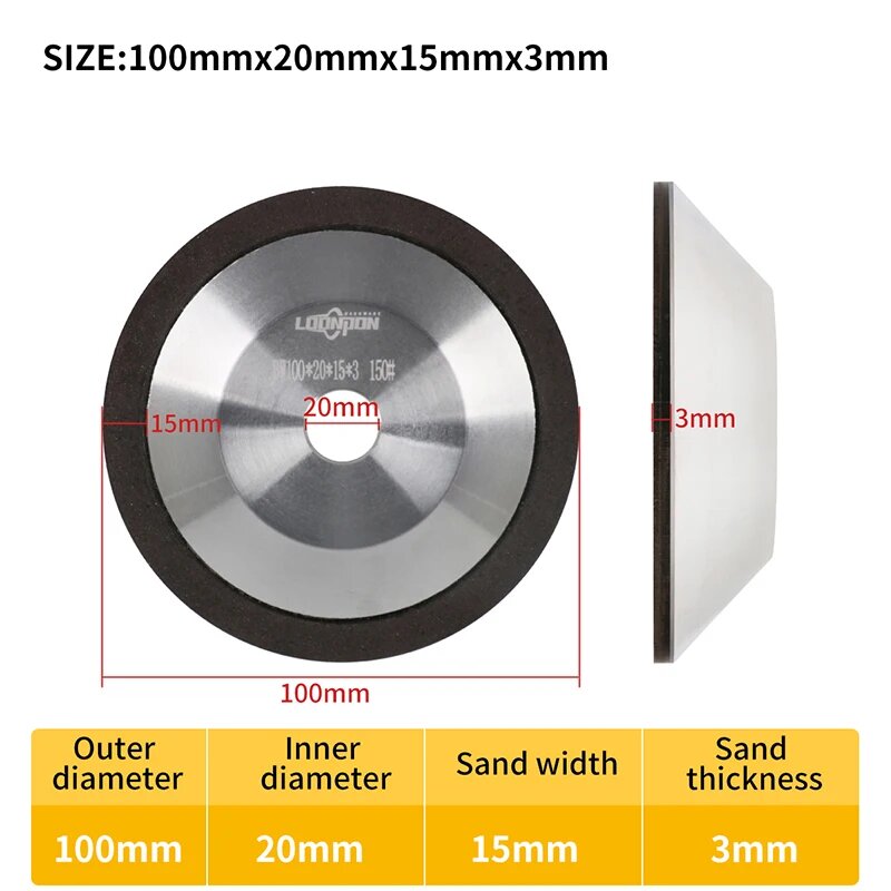 Алмазный шлифовальный круг Loonpon для заточки фрез 100x20x15x3mm Black, 240