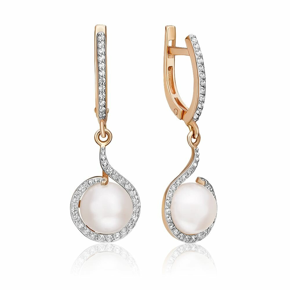 Серьги, красное золото, 585 проба, фианит, жемчуг культивированный