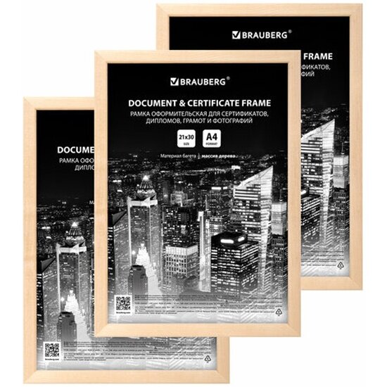 Рамка небьющаяся Brauberg 21*30см, комплект 3шт, багет 14мм дерево, Elegant, цв натур дерево, 391357