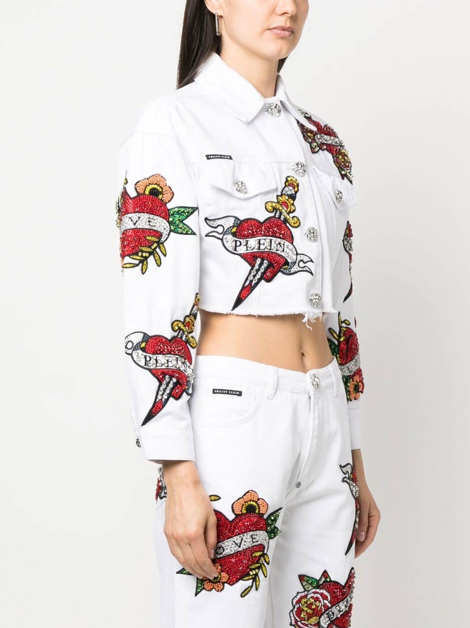 Куртка PHILIPP PLEIN Cropped Love denim jacket, размер 42, white — фото 1