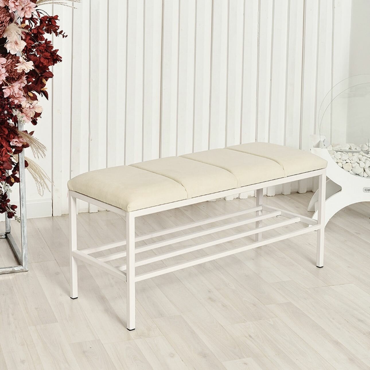 Банкетка-обувница с мягким сиденьем и полками для обуви 90х35х39см