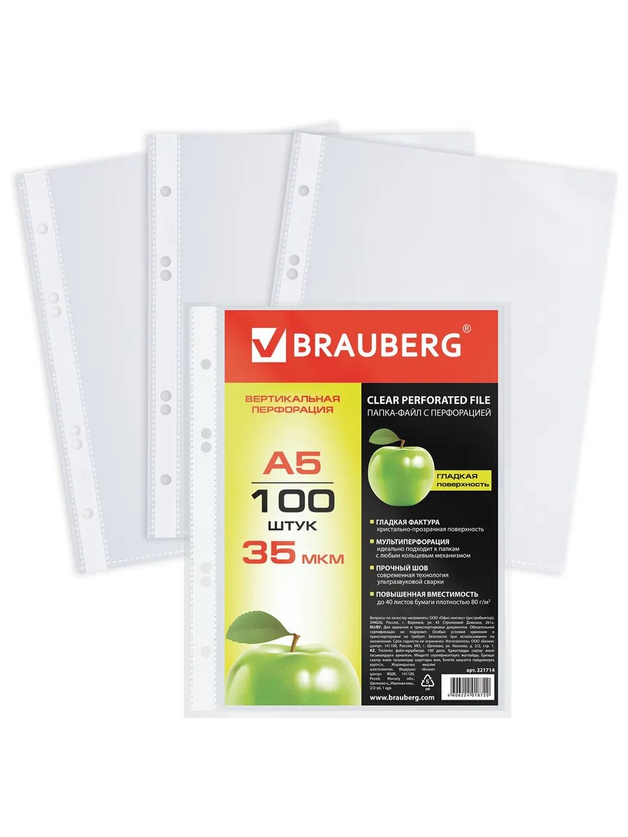 Папки-файлы малого формата (148х210 мм), А5, вертикальные, комплект 100 шт, 35 мкм, BRAUBERG