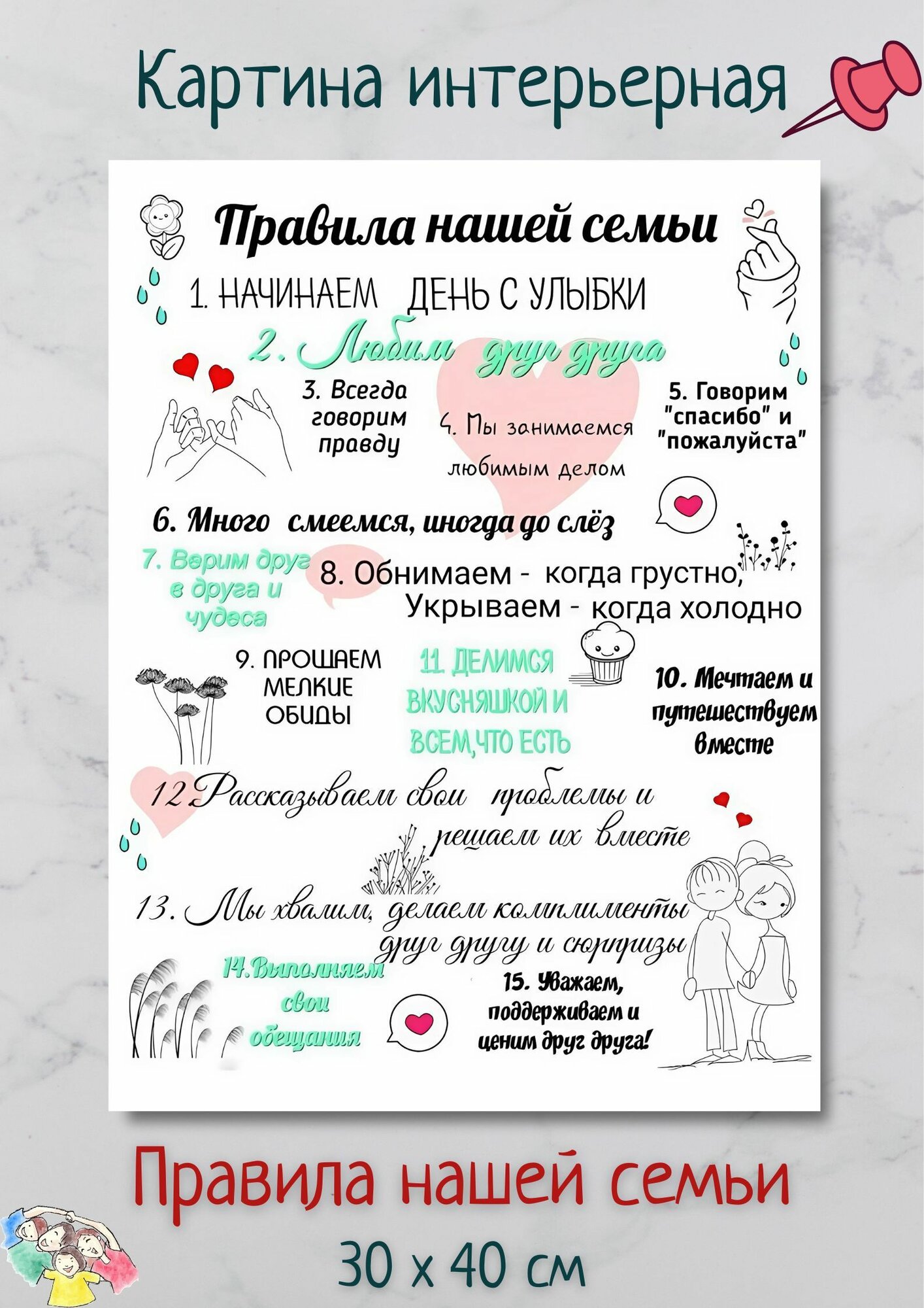 Картина в дом "Правила нашей семьи" 30х40 на холсте