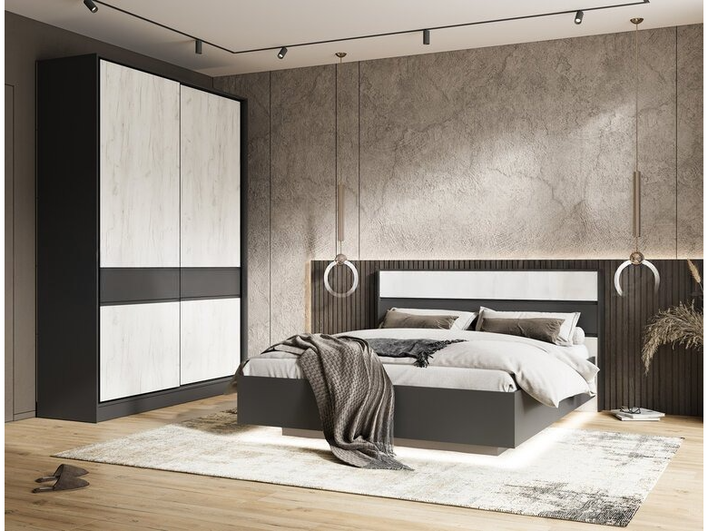 Спальня в современном стиле, из ЛДСП, графит/дуб крафт белый