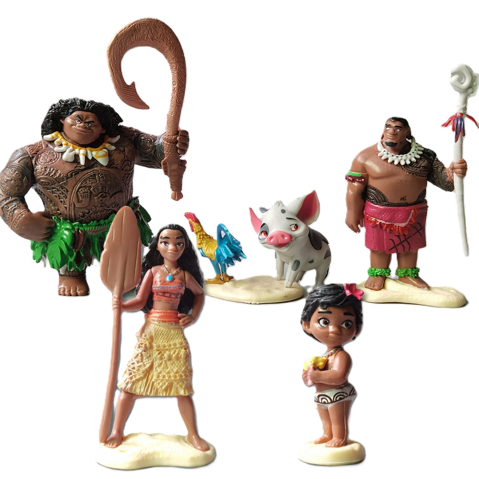 Фигурки Орнаменты Комбинация Moana, 6 штук, персонажи мультфильма Disney "Moana", материал PVC, размер 4.5-10см, вес 305г, упаковка OPP, Молана, Мауи, отец Моланы, розовый свинья Пуа, голубой-желтый курица Хейхей, детский Молана