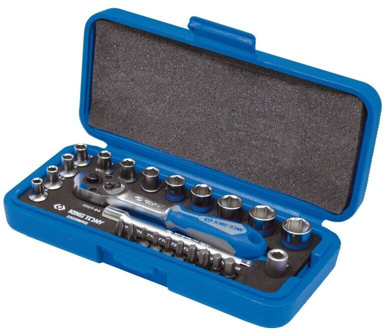 Набор торцевых головок с принадлежностями 1/4", шестигранные, 4-13 мм, 25 предметов KING TONY 2525MRE