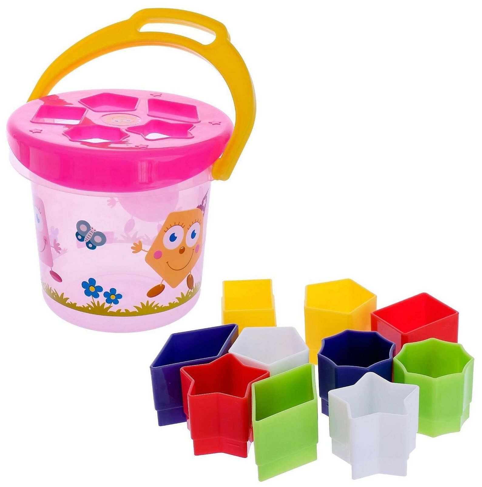 Развивающая игрушка "Ведро-сортер", изучаем фигуры и цвета, развитие мелкой моторики и логики, цвета микс