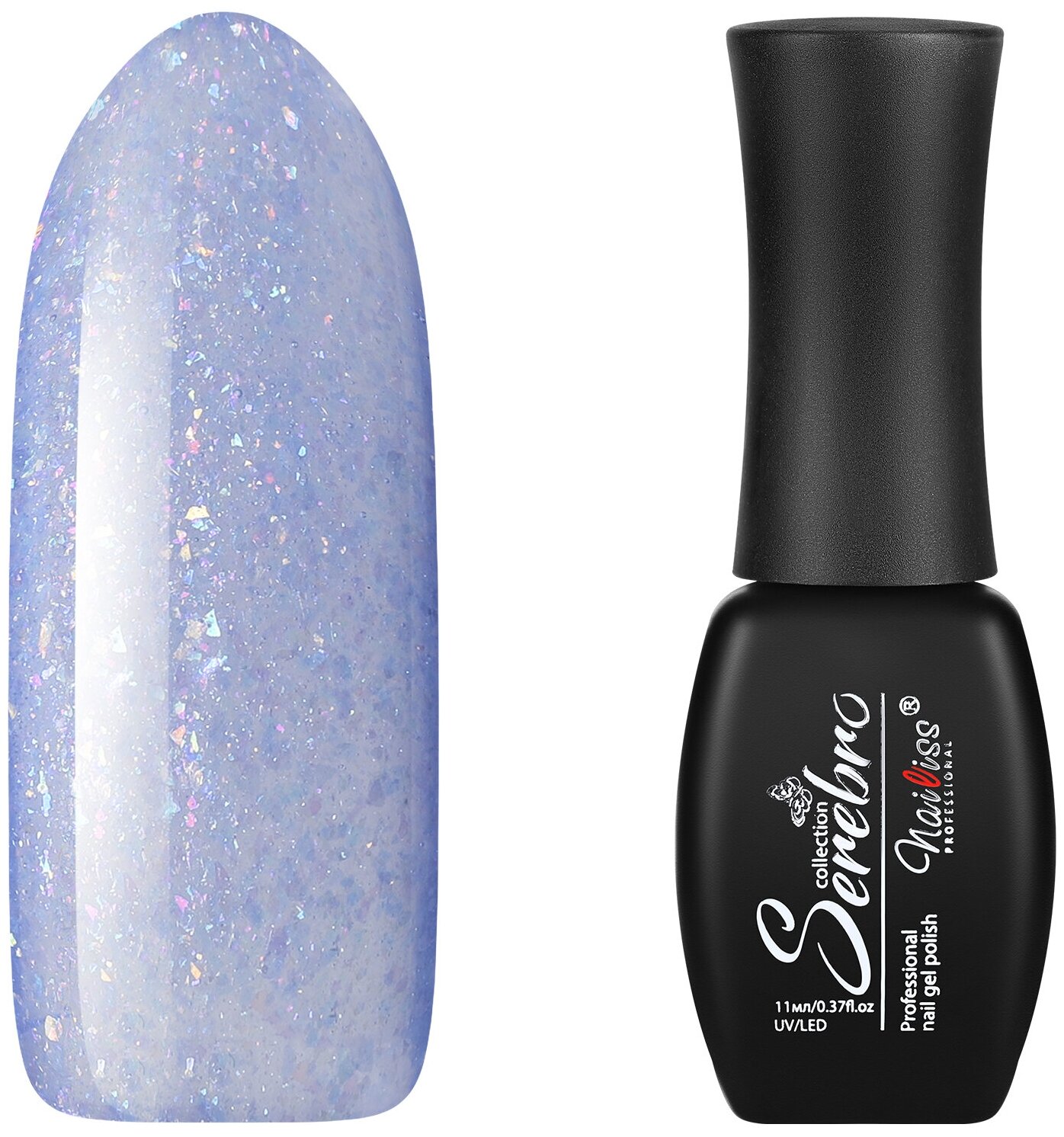 Гель-лак для ногтей Serebro с блестками, полупрозрачный, голографический, голубой, 11 мл