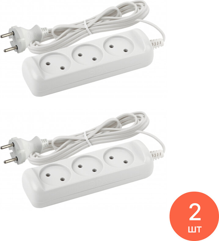 Удлинитель бытовой ЭРА UX-3-3m без зазeмления 1300 Вт, 3 метра 3 розетки, белый Б0035748 (комплект из 2 шт)