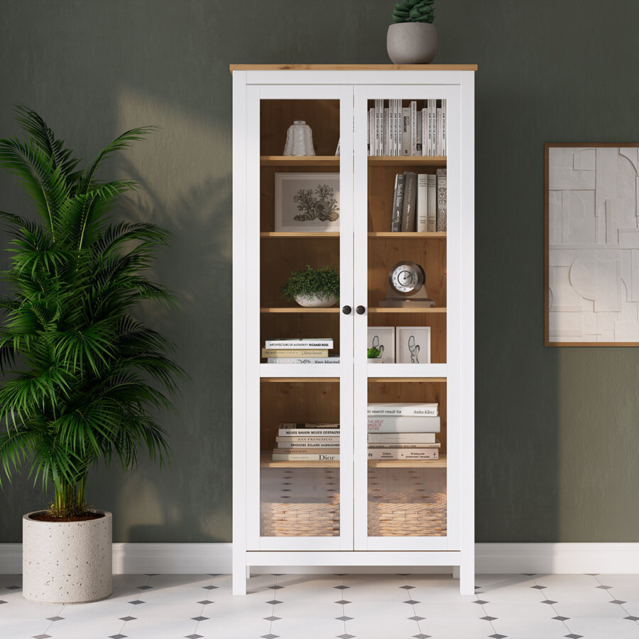 Шкаф-витрина Хемнэс/Кымор, ст/ст 89х197х36 см, белый/светло-коричневый