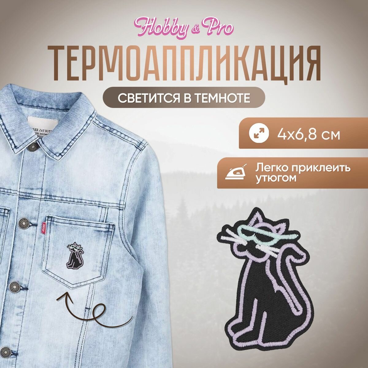 Термоаппликация на одежду светящаяся в темноте Hobby&Pro 'Модный кот', 4*6,8 см