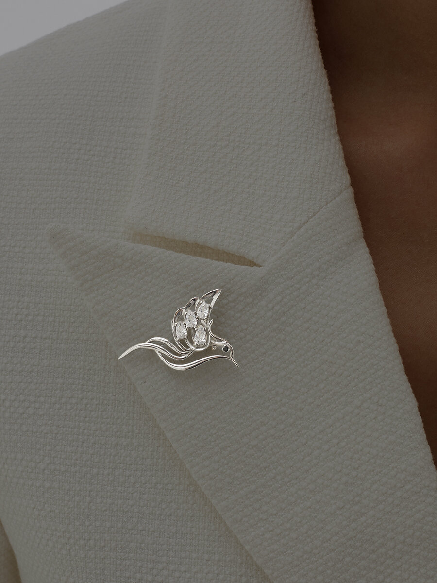 Брошь, серебро, 925 проба, родирование, фианит