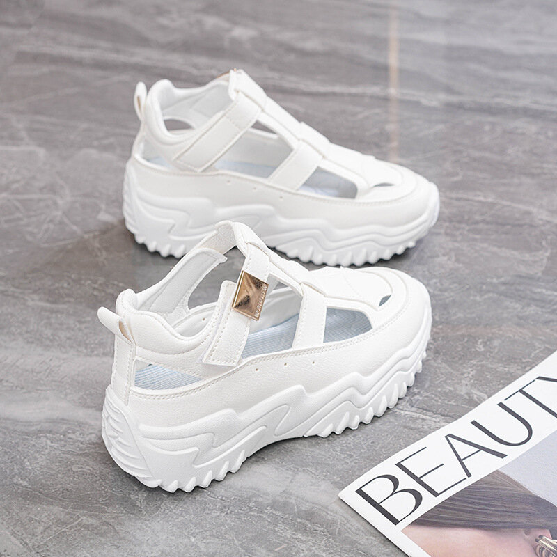 MOOCIE Дышащие полые туфли для папы, женская спортивная повседневная обувь, весна-лето 2024, новые женские туфли с толстой подошвой, увеличивающие рост, нескользящие и износостойкие