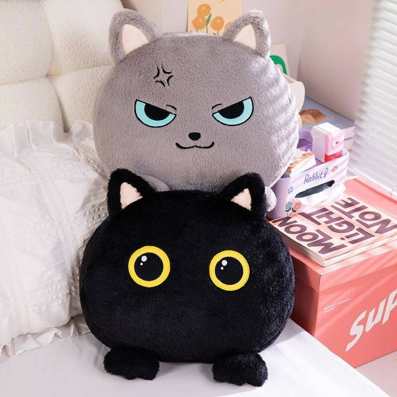 Cute black cat plush cushion with soft fluffy cover for home car decor, black