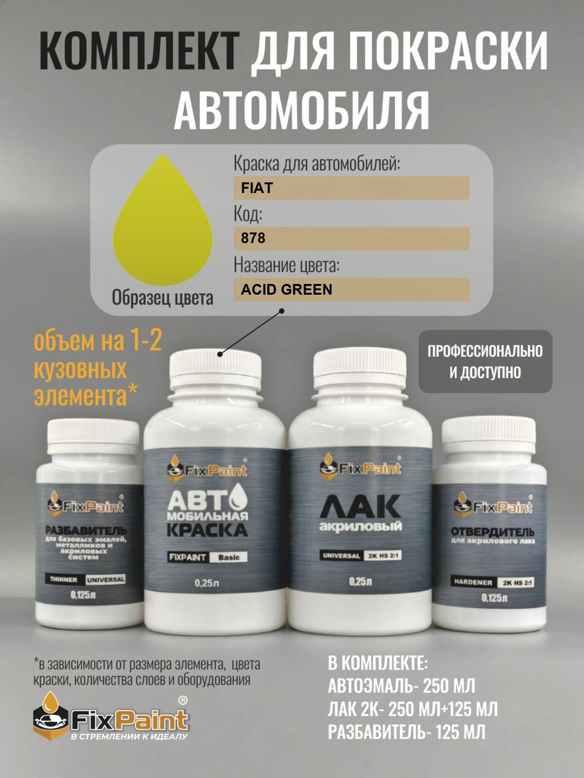 Комплект для покраски FIAT, код 878, ACID GREEN, базовая автомобильная эмаль 250 мл, лак 2K 250 мл с отвердителем, разбавитель 125 мл, FixPaint Pro