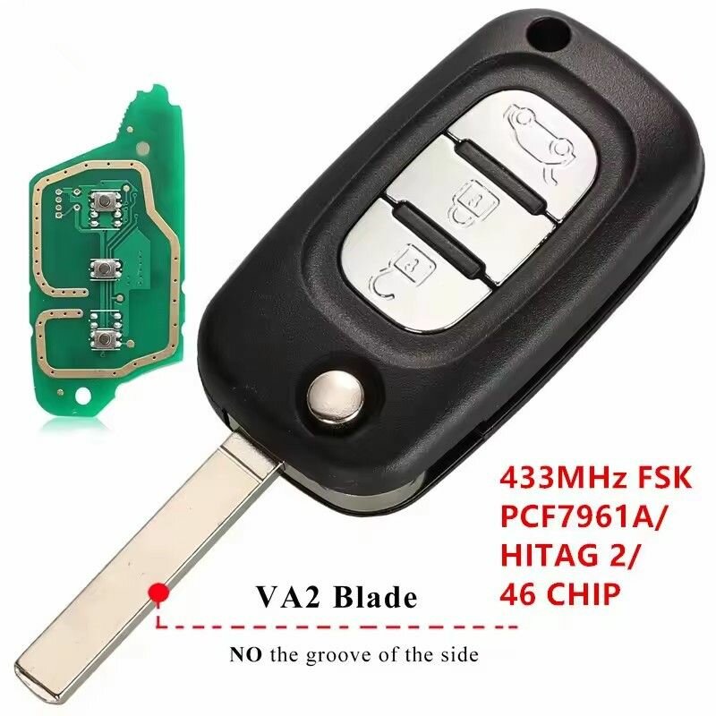 Дистанционный выкидной ключ 3 кнопки 433 МГц (PCF7961) для Renault Megane III / Scenic III / Fluence 2009–2015, с батареей и лезвием VA2