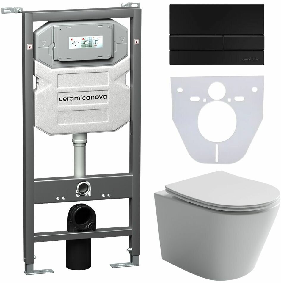 Комплект 4 в 1 Ceramicanova с инсталляцией Envision, безободковым унитазом Belearica, черной клавишей Flat