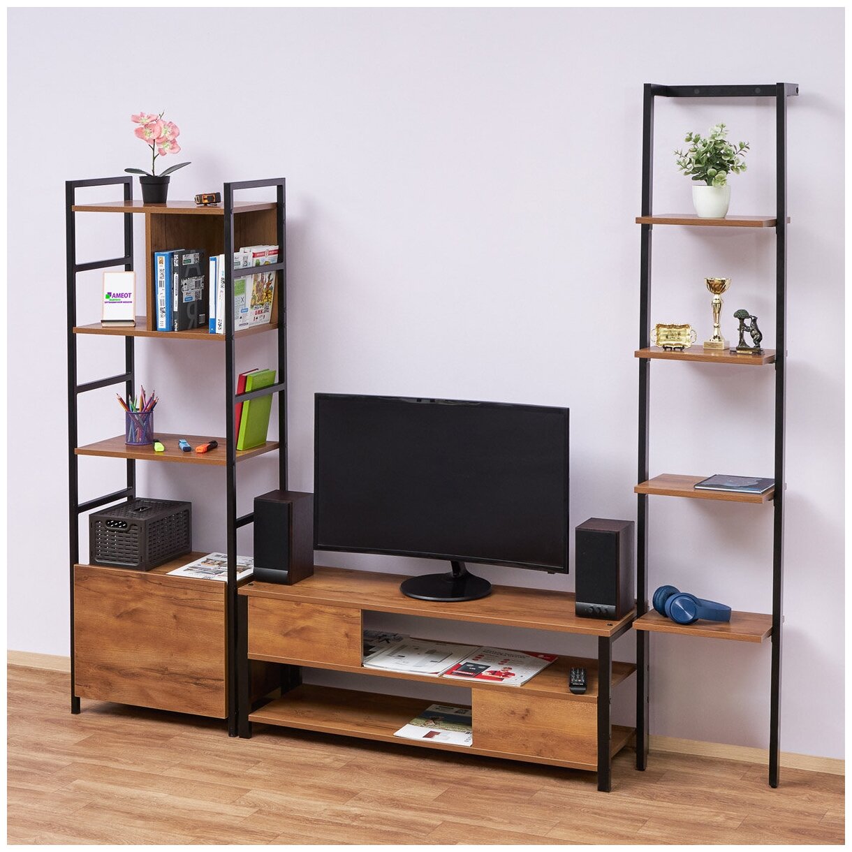 Гостиная на металлокаркасе Одини 1+БС4 таксония. Набор мебели тумба, пристенный стеллаж и шкаф-стеллаж