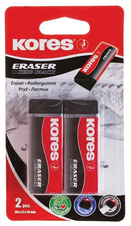 Ластик Kores KE-20 Black виниловый черный 60x21x10 мм (2 штуки в уп) 456679
