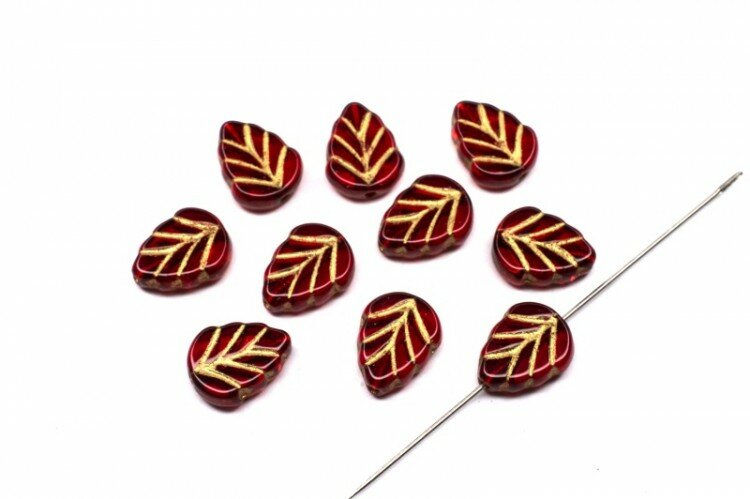 Бусина Листочек 10х8х3мм, цвет 90080/54302 красный с золотом, прозрачная, 735-190, 10шт