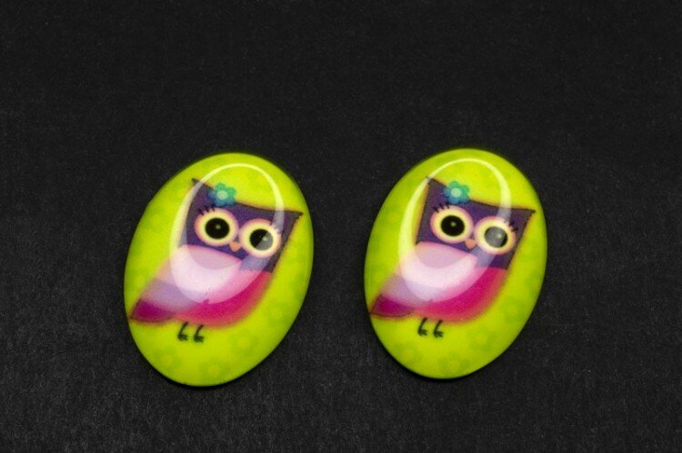 Кабошон стеклянный овальный с принтом Сова 30х22х6мм, цвет разноцветный, 2001-027, 1шт