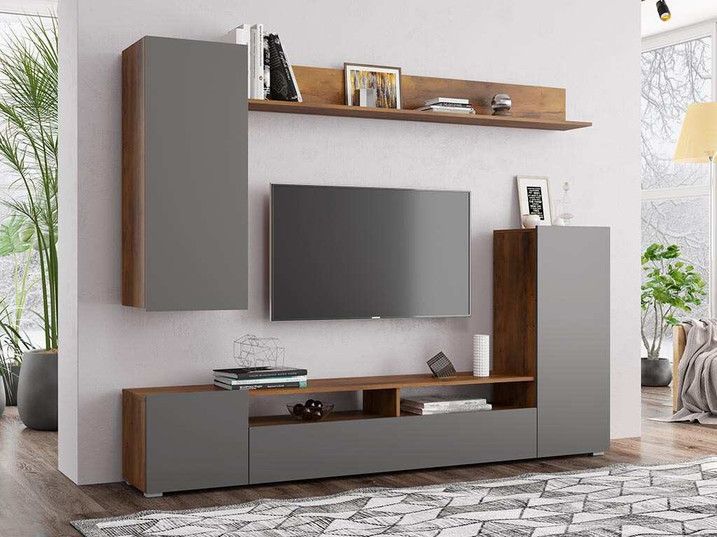 Стенка Прага-3 Олмеко, ЛДСП, с нишей под ТВ, таксония/диамант