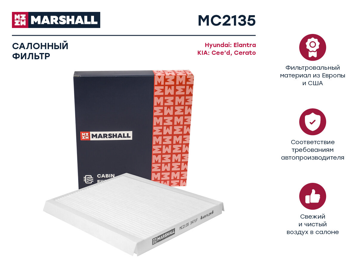 Фильтр салона Hyundai Elantra (HD, MD) 06-, i30 11-; Kia Ceed (JD) 12-, Cerato 12- Marshall