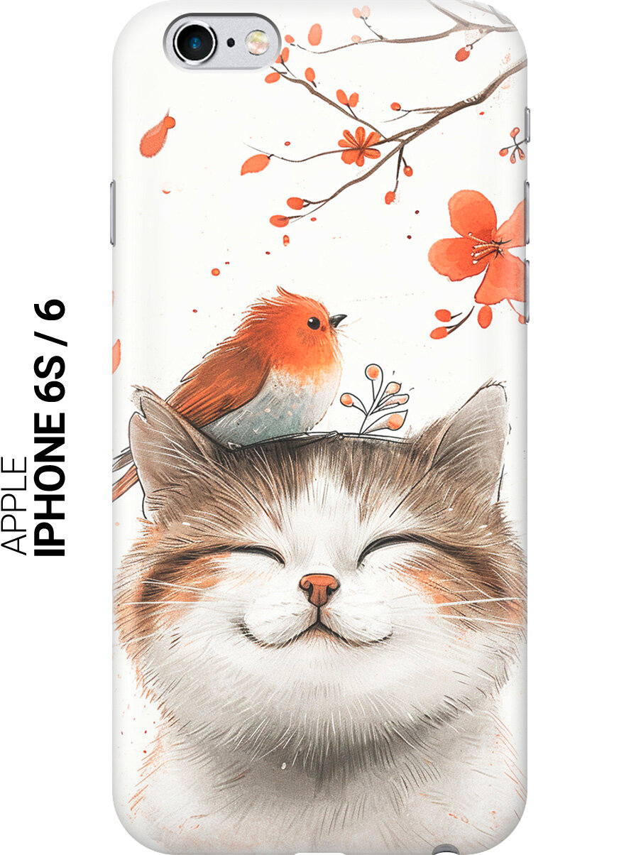 Силиконовый чехол на Apple iPhone 6s / 6 с принтом "Довольный котик и птичка"