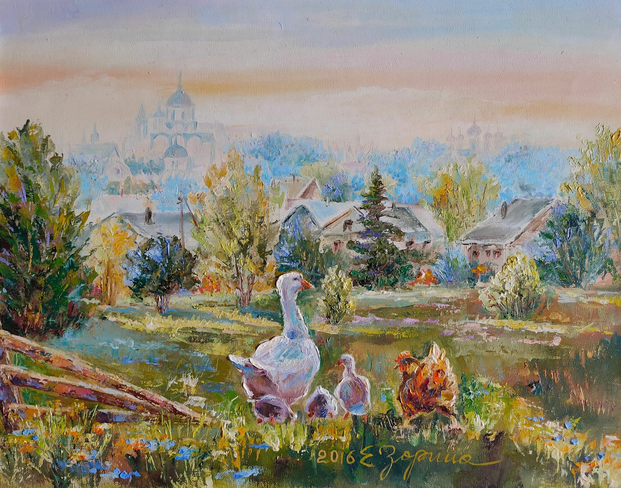 Картина, Деревенский пейзаж маслом, Гуси, куры, цыплята 40*50см, х/м художник Елена Зорина