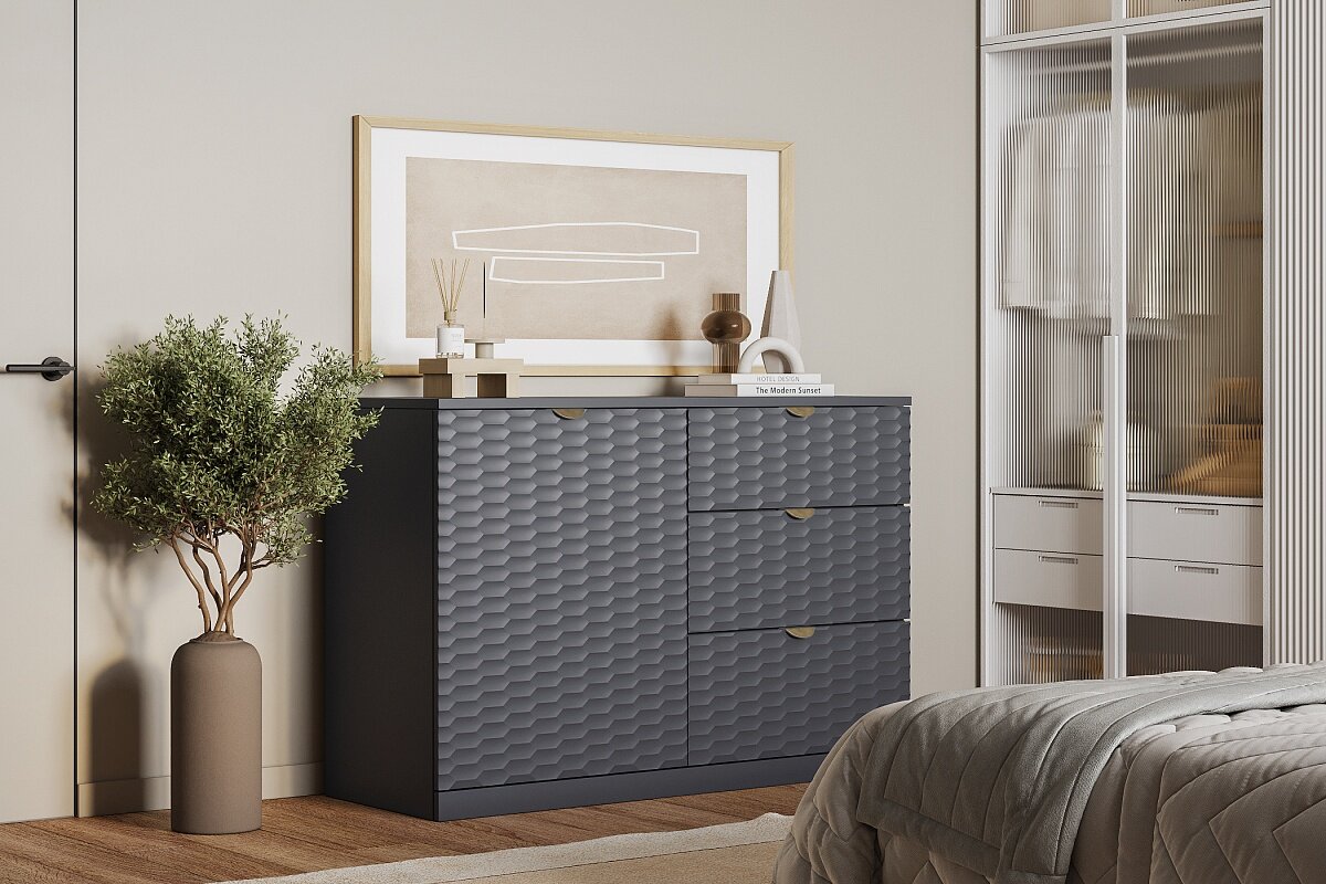 Комод МебельЛэнд24 Тоди - 3 Графит 99x46x64 серый однодверный с 3 ящиками