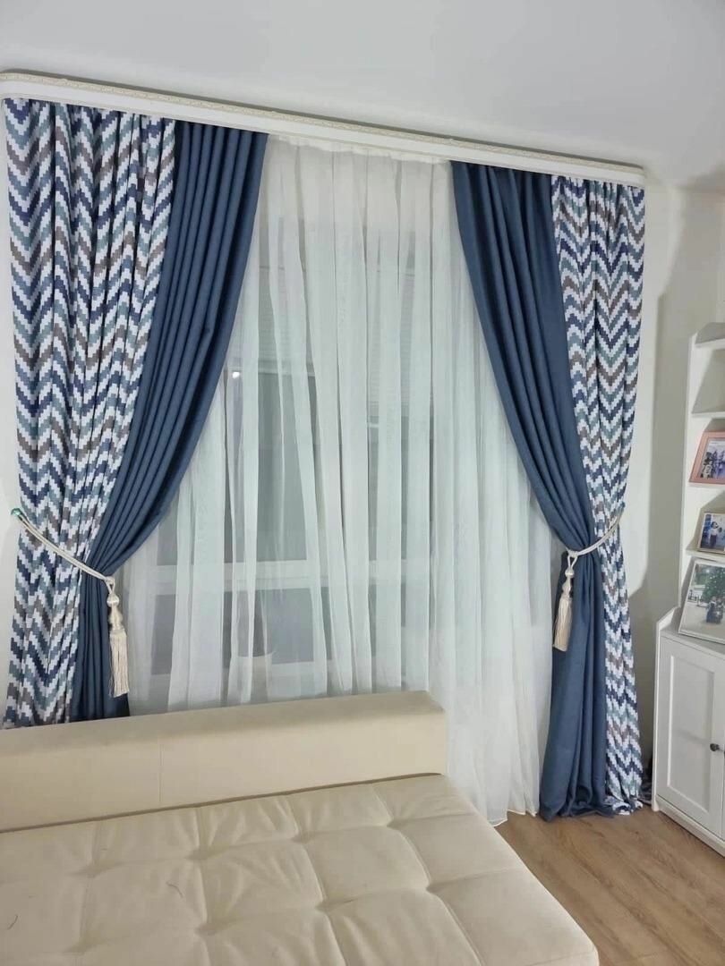 Шторы рогожка, двухцветные, непрозрачные, 300x275 см, абстракция, синие