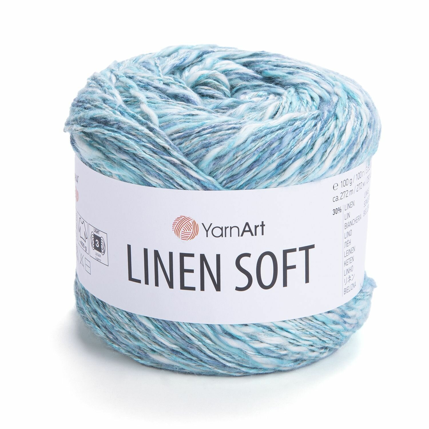 Пряжа Linen soft YarnArt, зел. бир. меланж - 7408, 30% лен, 36% вискоза, 34% хлопок, 4 мотка, 100 г, 272 м.