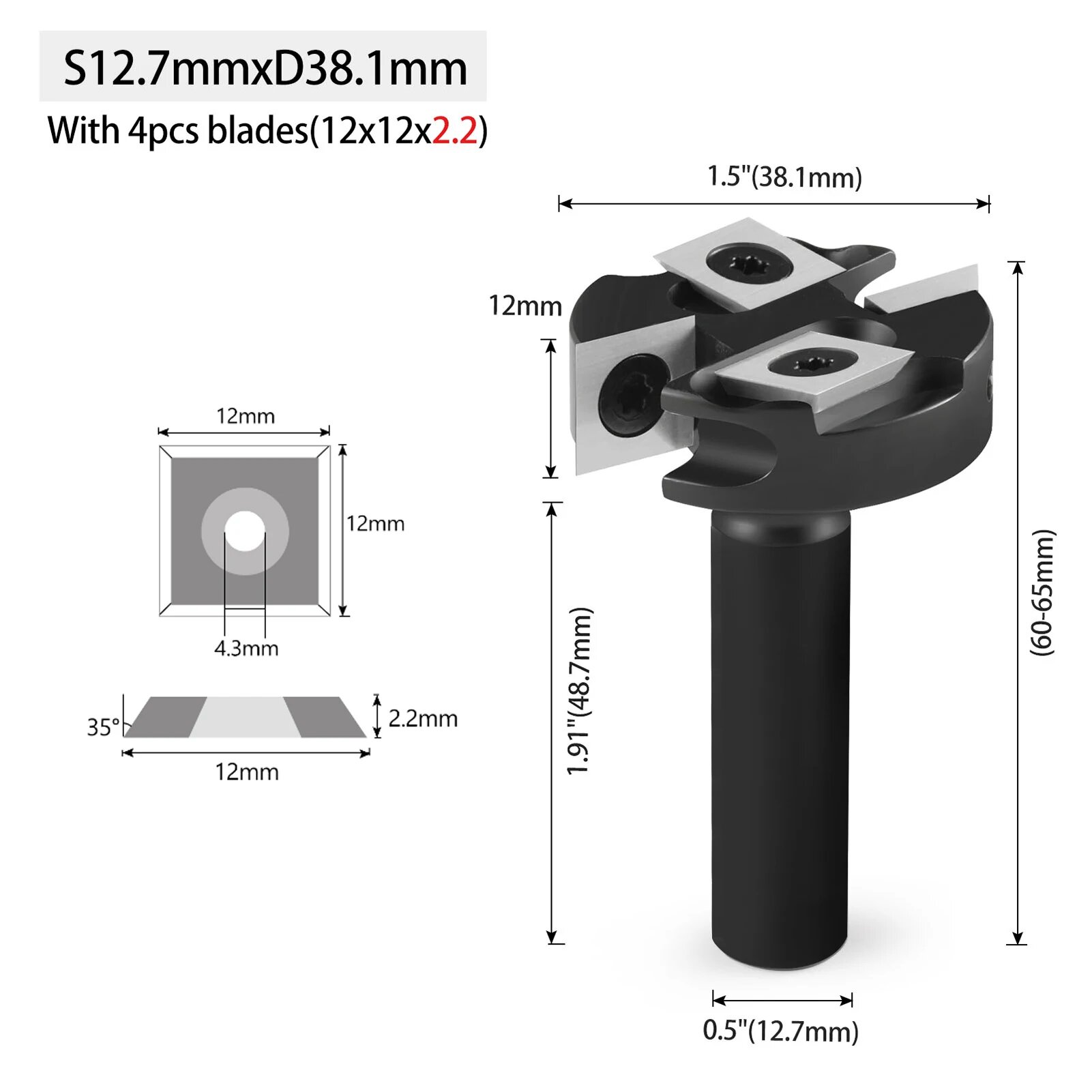 Фреза для дерева HOZLY S12.7mmxD38.1mm, 4 лезвия