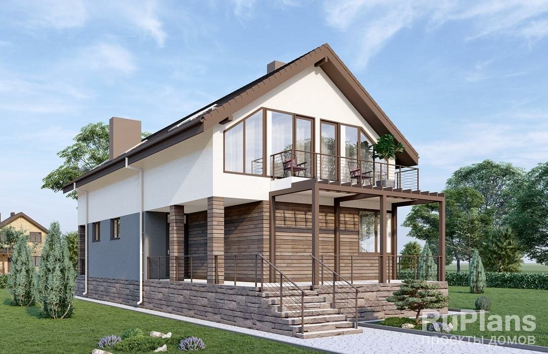 Одноэтажный дом с мансардой, подвалом и балконами (205 м2, 18м x 8м) Rg6185