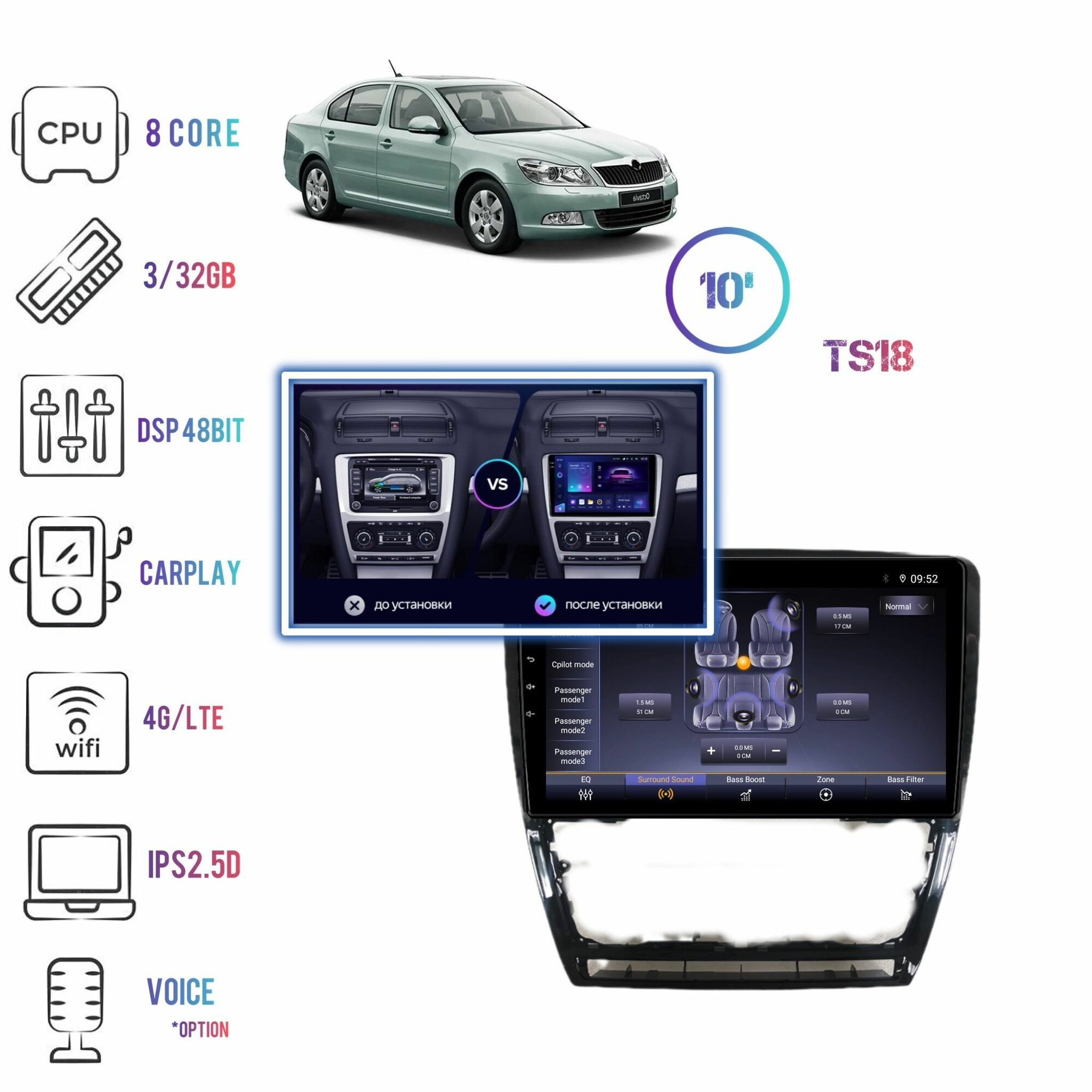 Магнитола XY AUTO TS18, для Skoda Octavia, 2004-2013, 3+32 Gb, голосовое управление