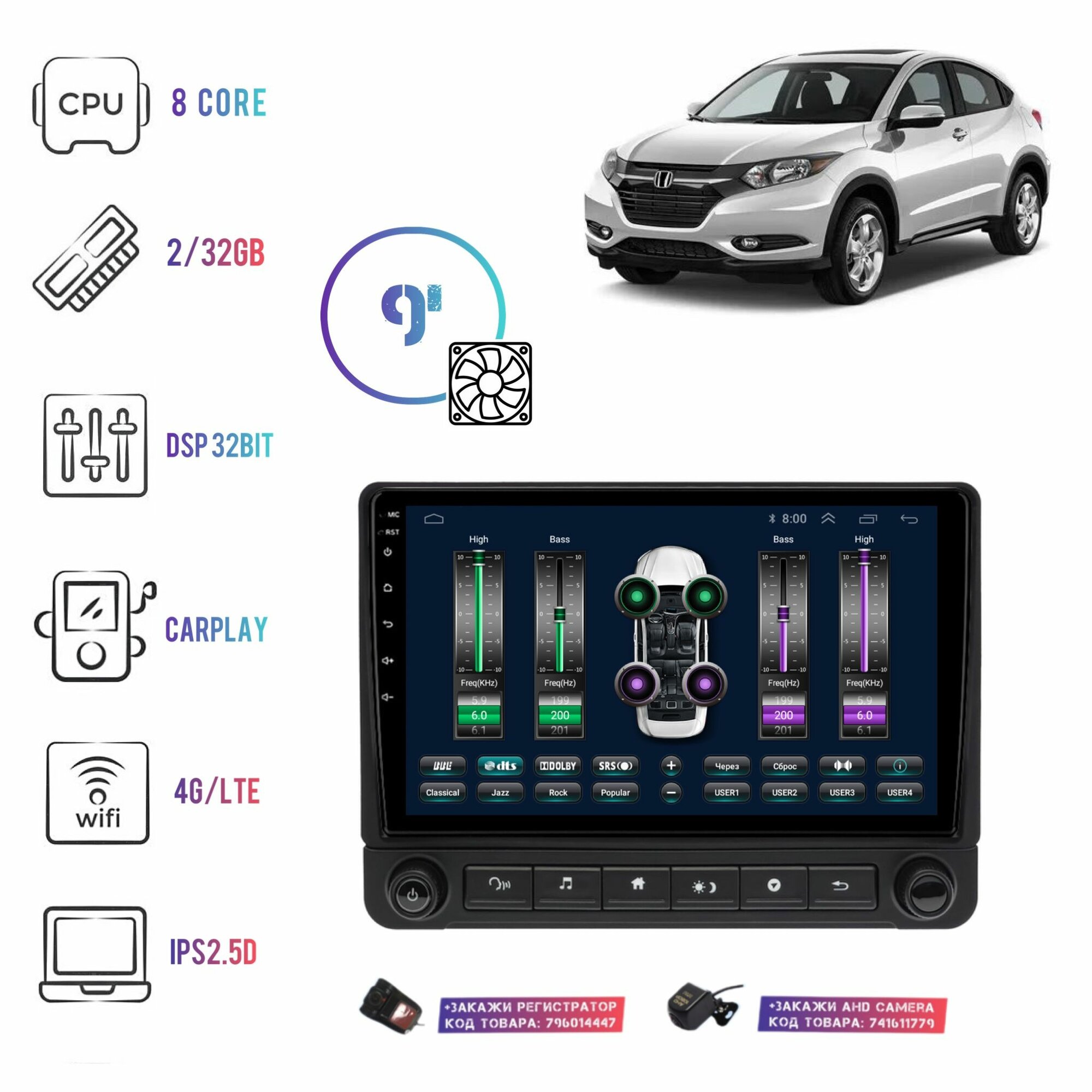 Магнитола для Honda Vezel 2013 - 2021 MFB (CAN, CAM, USB) на Андроиде 2+32Gb+8ядер+DSP+CarPlay+4G SIM+IPS2.5D