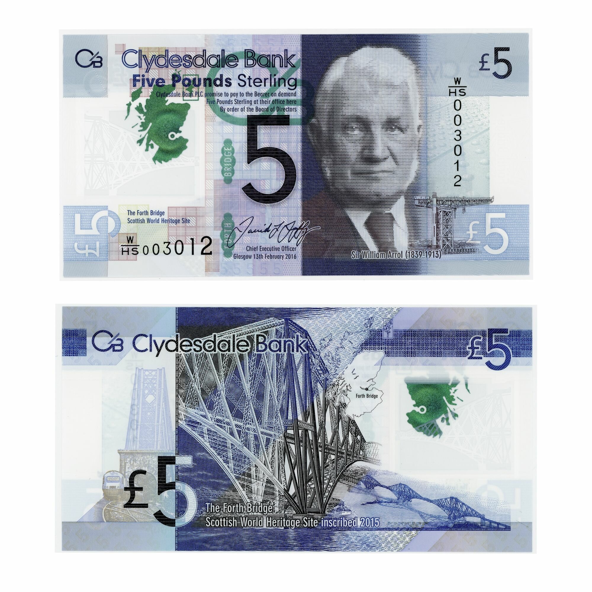 Банкнота Шотландия 5 фунтов FIVE POUNDS 2016 год Uncirculated (UNC) Pick-229 / полимерная