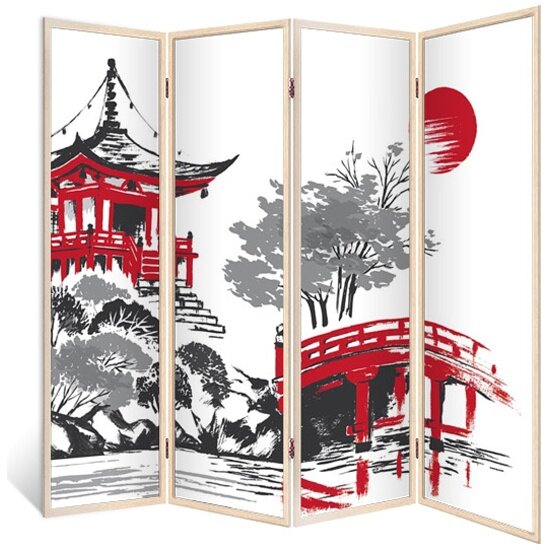 Ширма перегородка Декор Депо для комнаты деревянная "Пагода на холме" двухсторонняя с картинкой (живопись) 4 створки кремовый дуб 176х185 см 14 кг