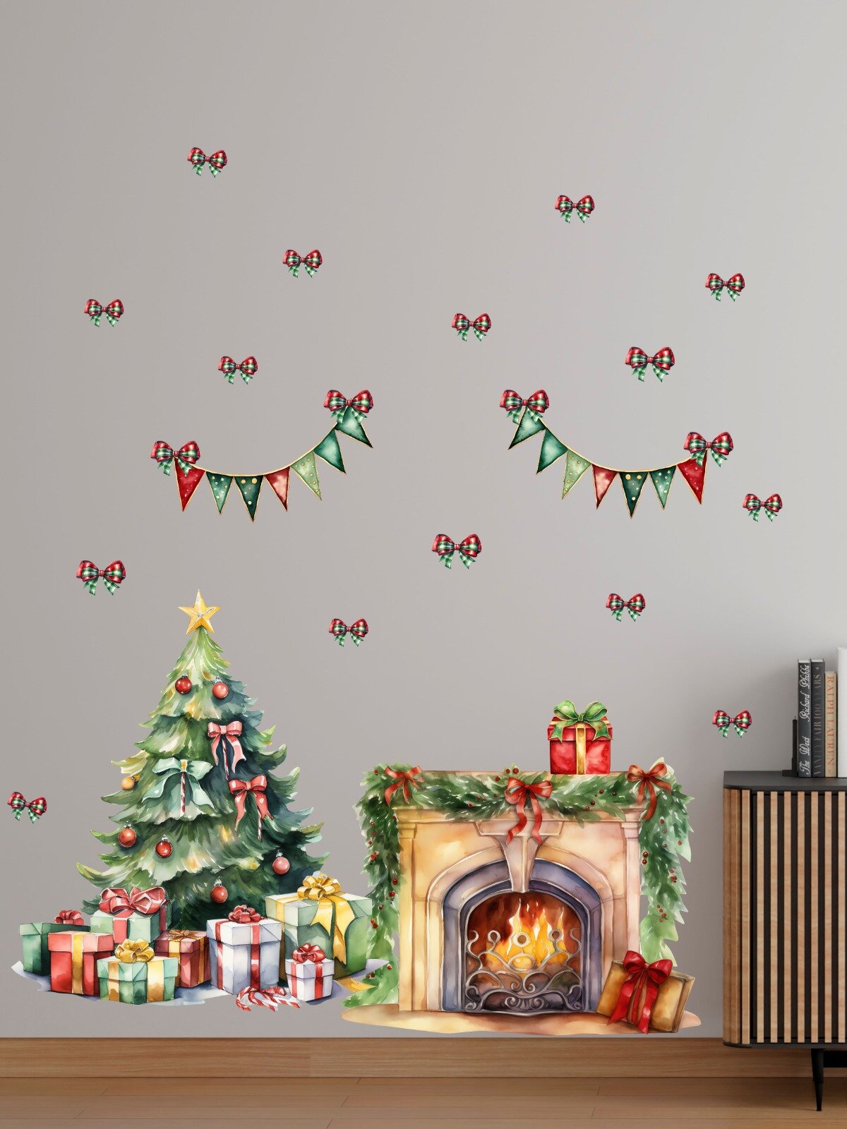 Новогодняя наклейка на стену Елка и камин декор для комнаты Lisadecor