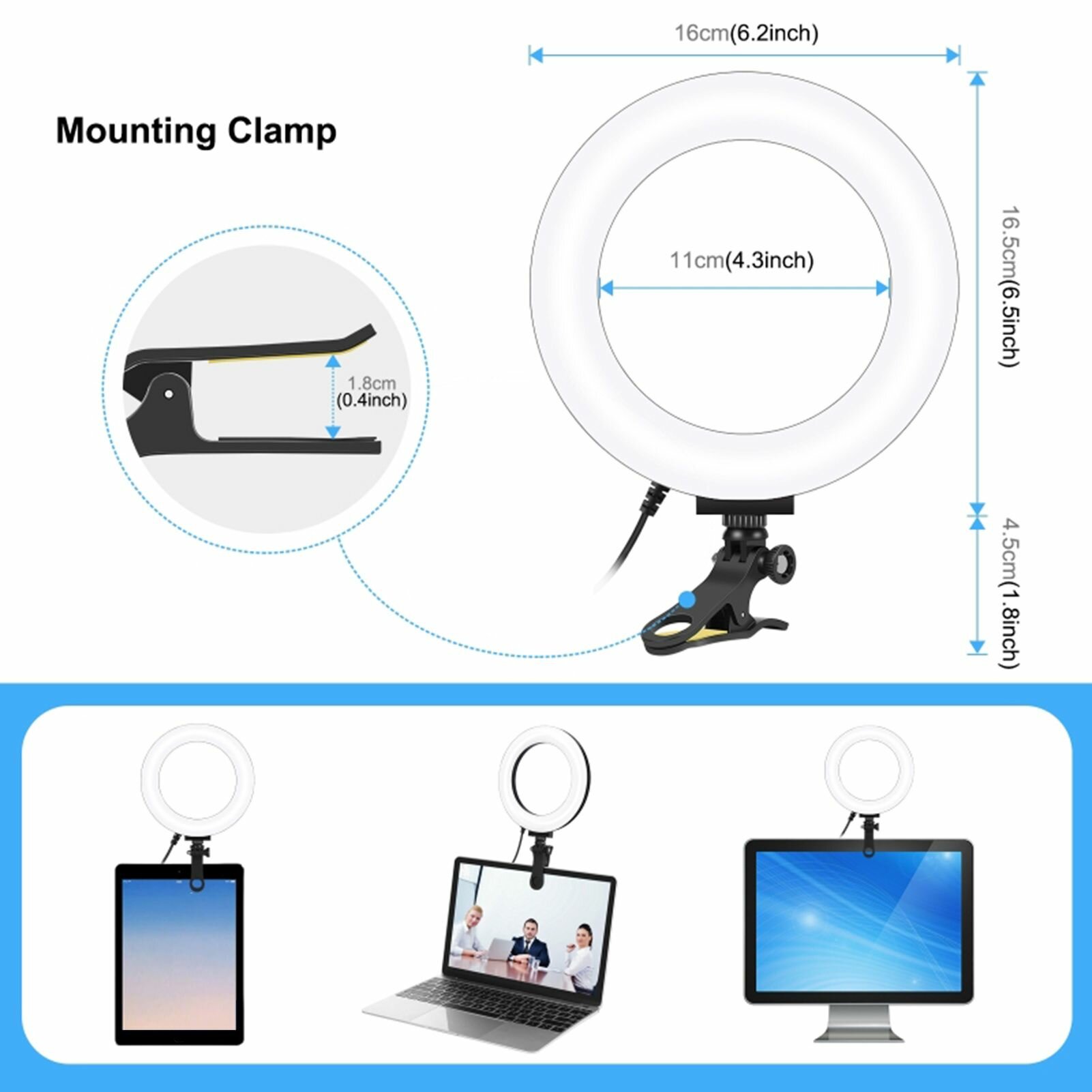 PULUZ 16 см/6,2 дюйма USB кольцевая лампа цветовая температура 3200-5600 К 10 уровней яркости с монтажным зажимом для живого видео ноутбук заполняющий свет